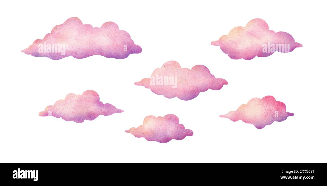 Watercolor Pink Clouds set. Hand drawn illustration of sky fluffy ...