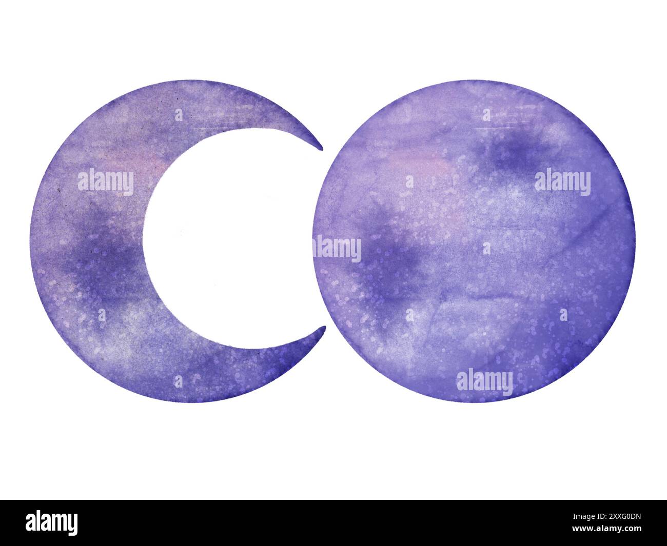 Watercolor purple moon and half moon set. Hand drawn illustration of ...
