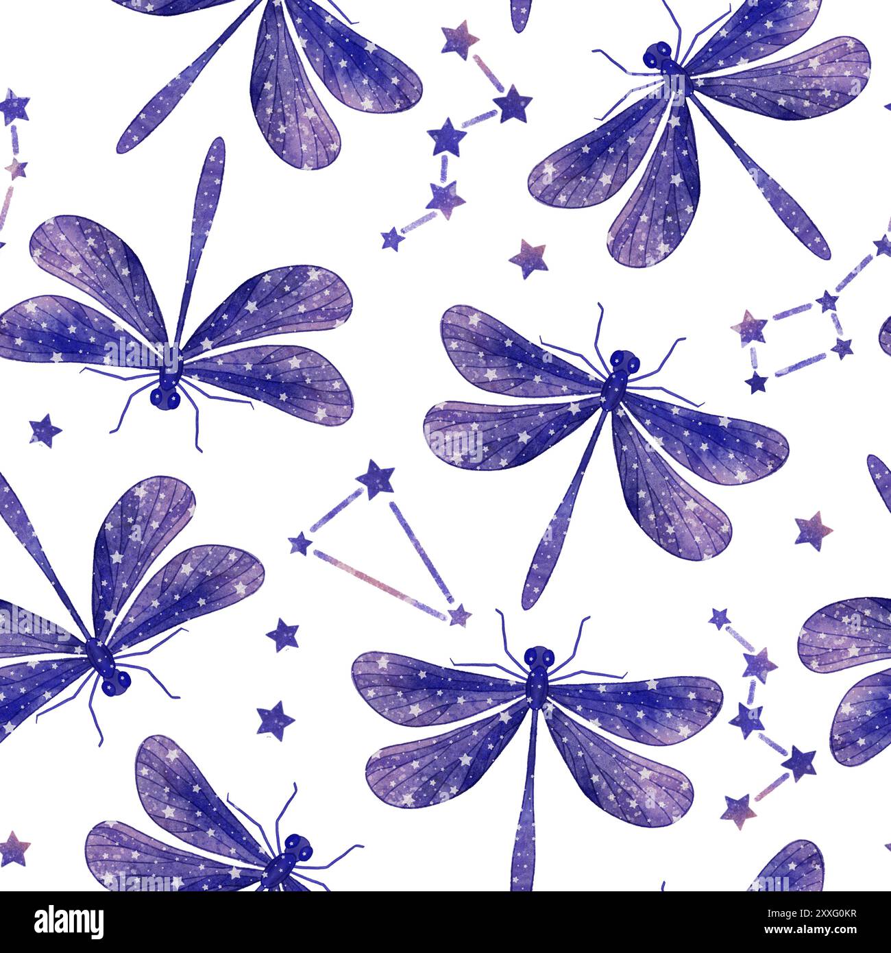 Elegant celestial seamless pattern with dragon flies. Boho magic background with space elements ...