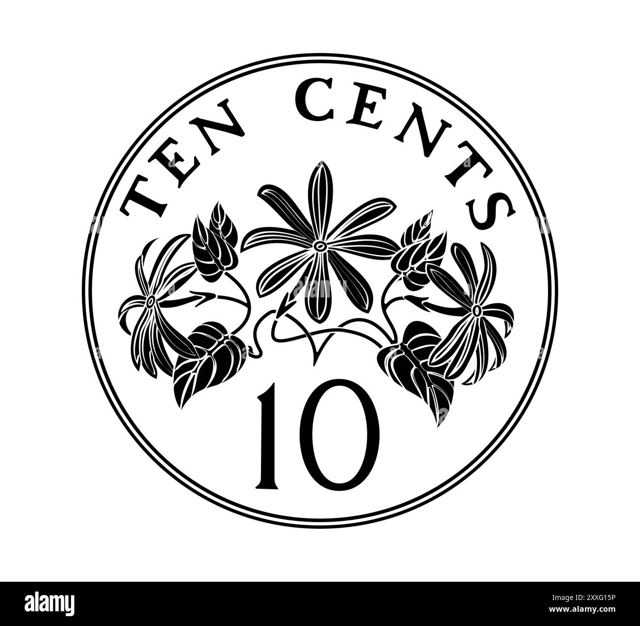 Singapore 10 Cents ribbon upwards. The coin is depicted in black and ...
