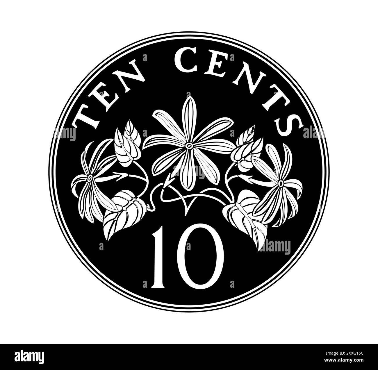 Singapore 10 Cents ribbon upwards. The coin is depicted in black and ...