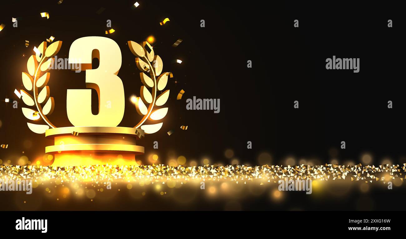 Winner award. Number three. 3. Golden laurel wreath on podium with ...