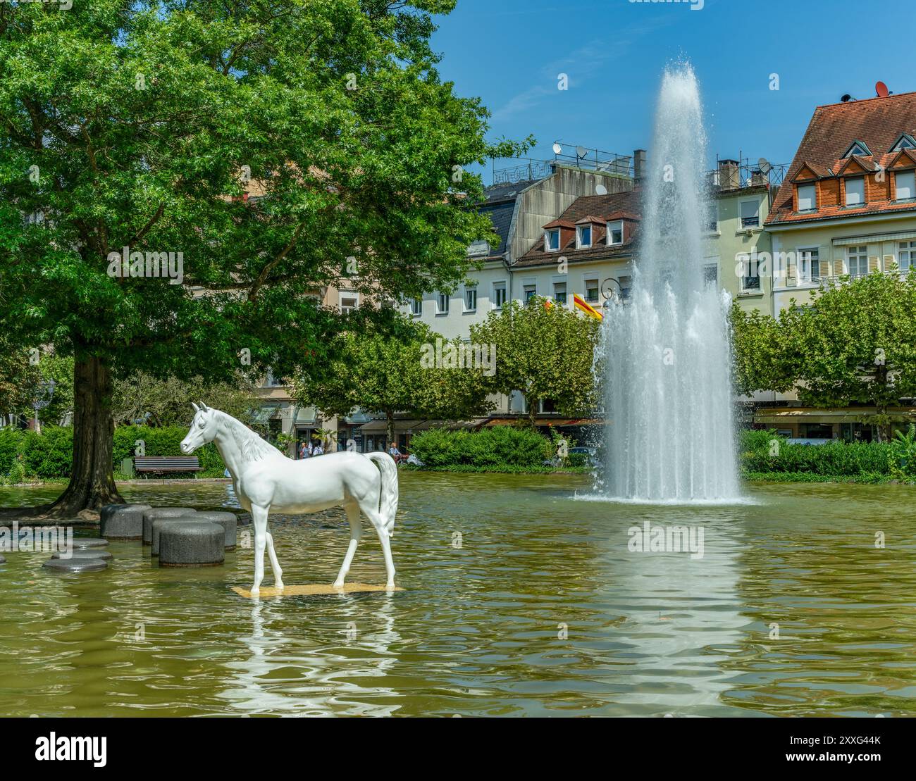 Augustaplatz and fountain in Baden Baden. Baden with horses during the ...