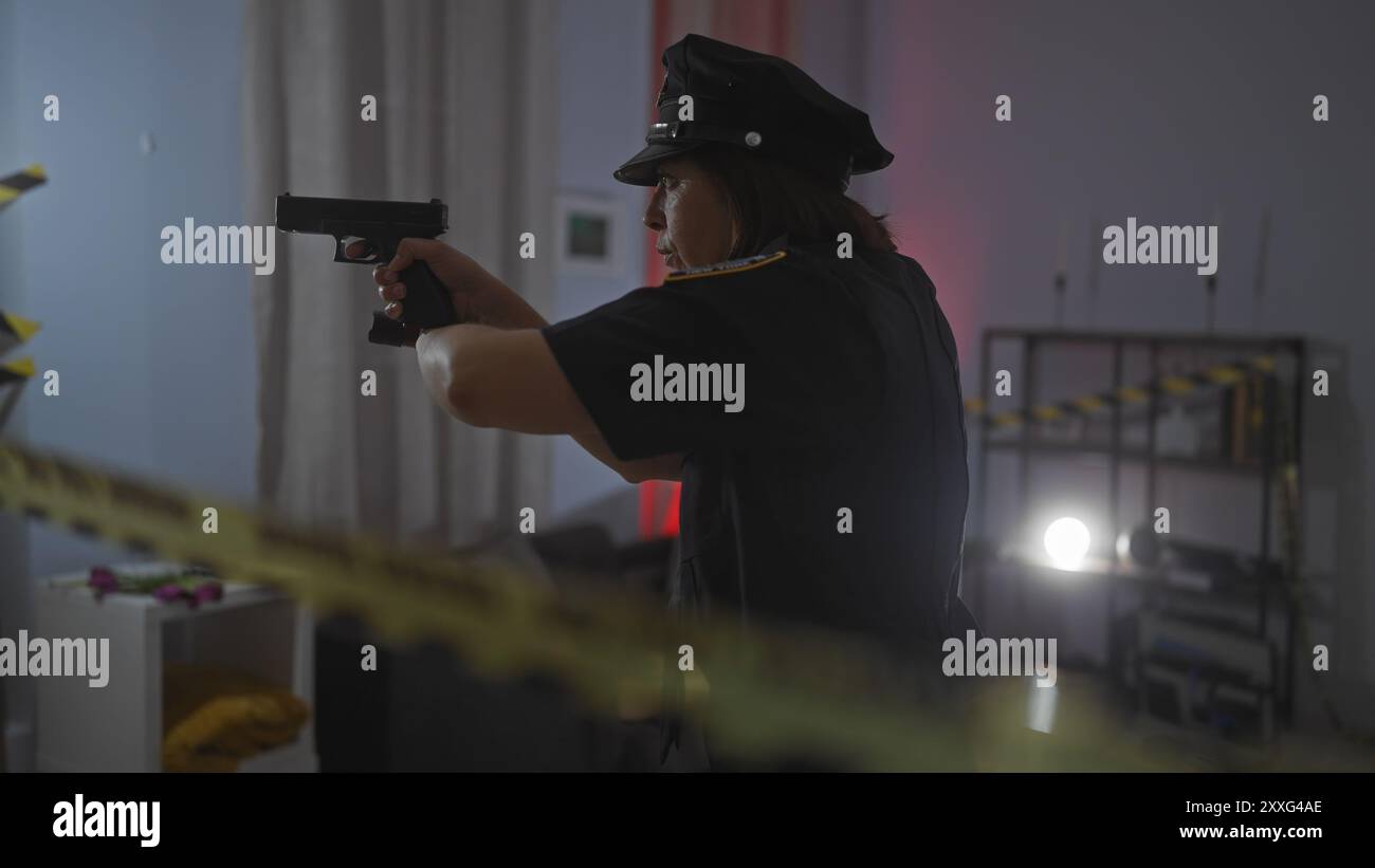 Middle-aged woman in police uniform aiming a handgun indoors at a crime ...