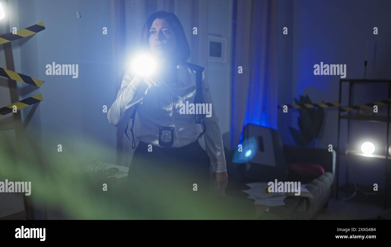 A focused middle-aged hispanic female detective investigates a crime ...