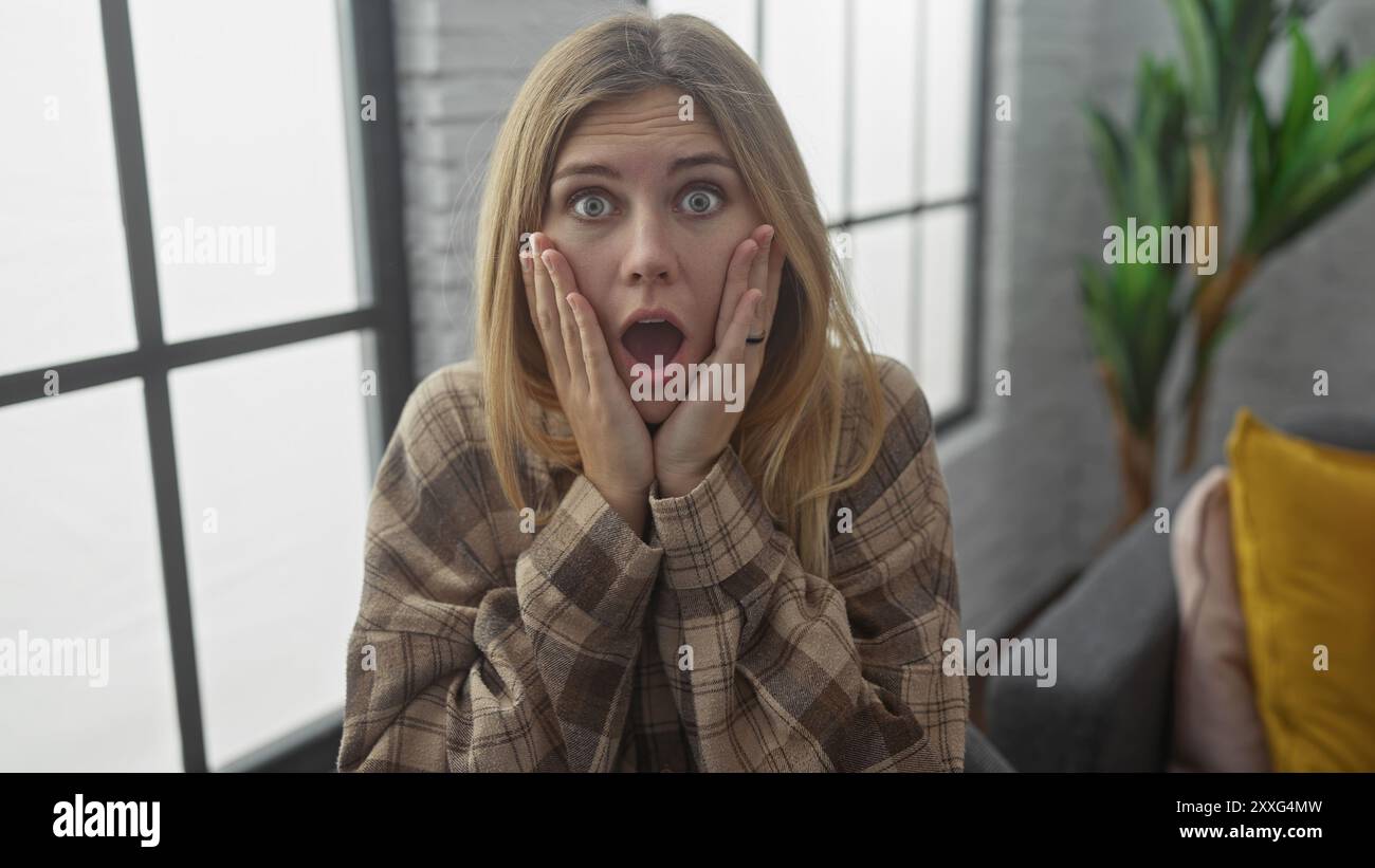 Blonde young woman expressing shock in a cozy indoor living space Stock ...