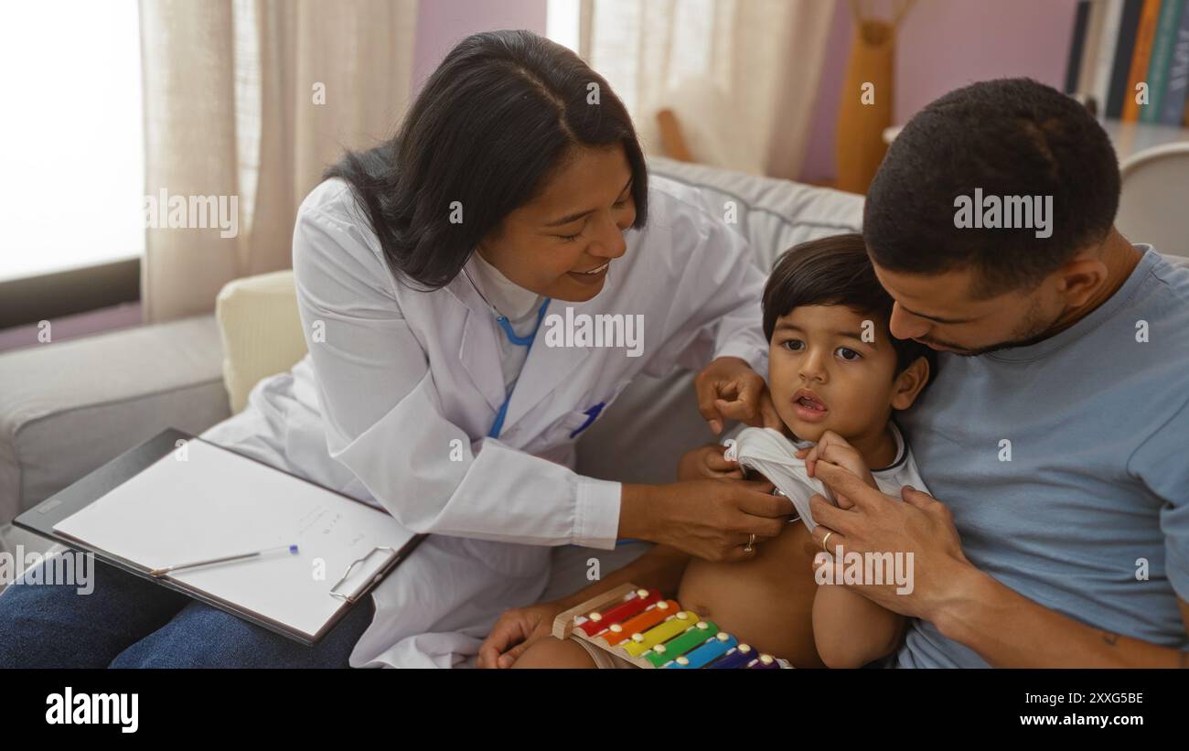 Pediatrician examines child with father at home while latino woman ...
