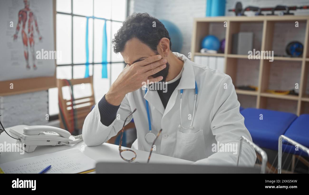A stressed man in a clinic exhibits fatigue, adding depth to this ...