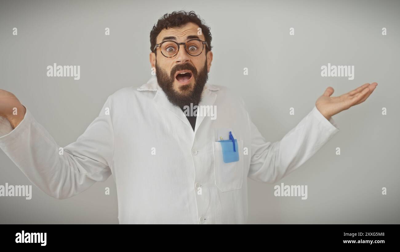 Shocked bearded man in labcoat gesturing against a white background ...