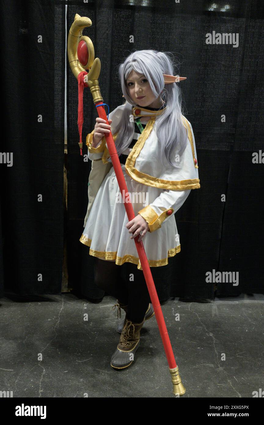 New York, NY, USA. 24th Aug, 2024. Vendors and cosplayers show off ...