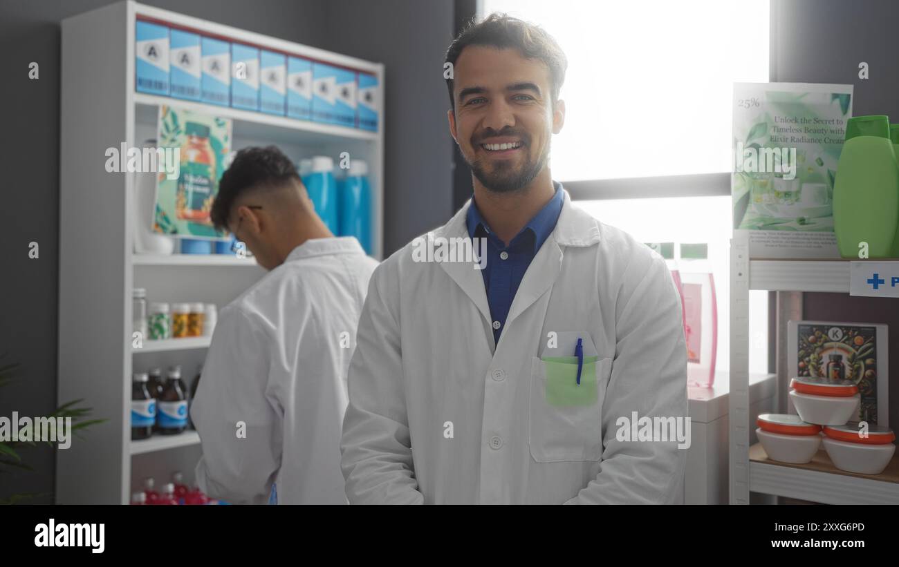 Smiling male pharmacists working together in a well-organized pharmacy ...