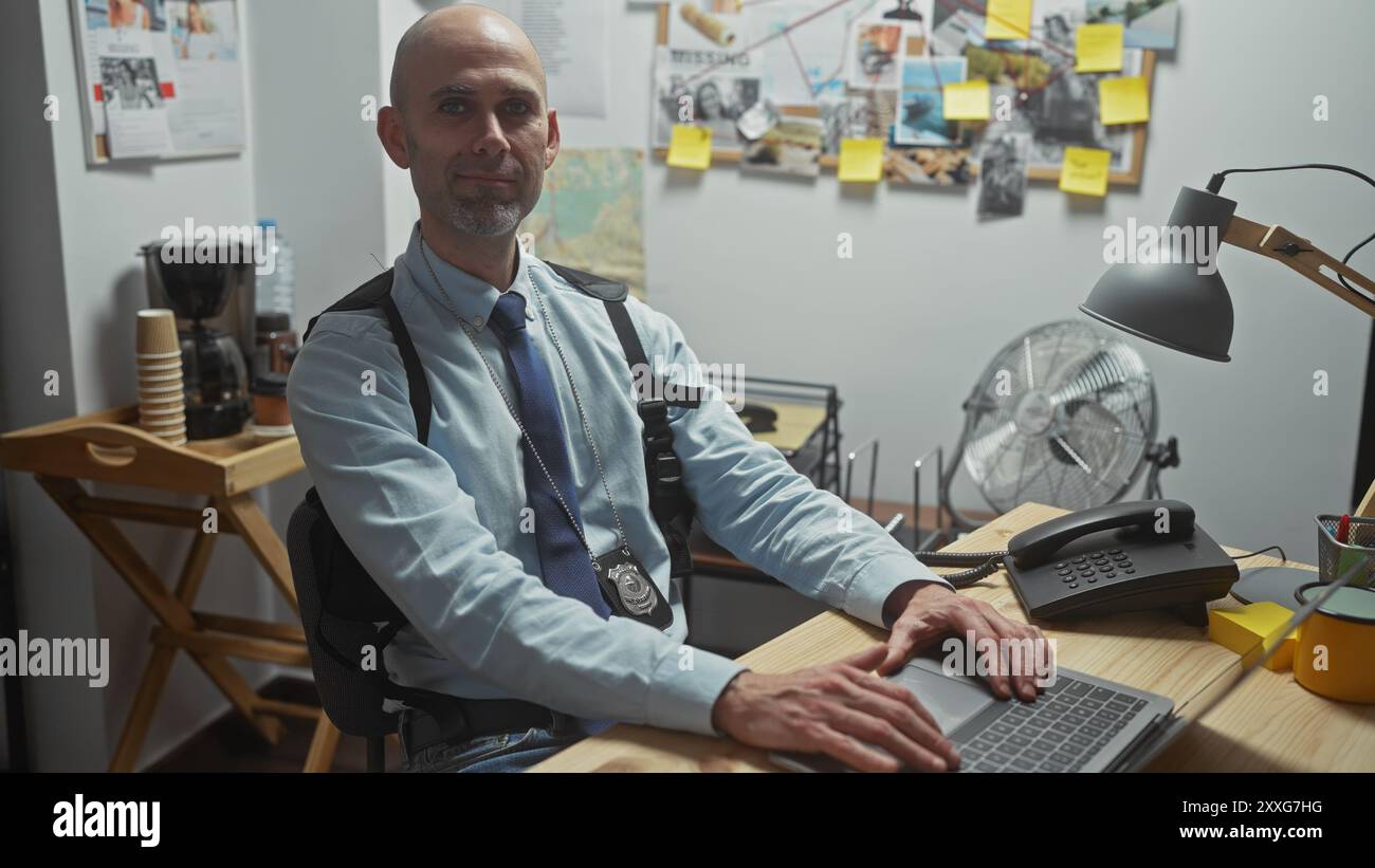 Bald detective man working indoors at police station office with ...