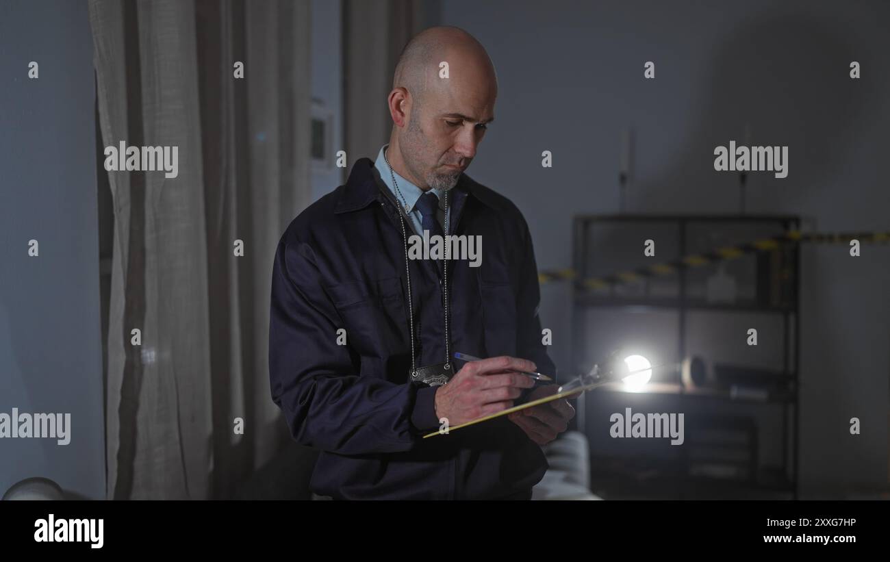 Bald detective man investigates crime scene indoors, examining clues ...