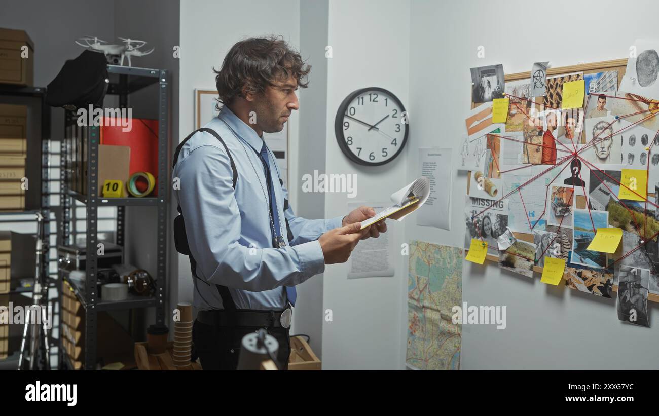 Hispanic detective man reviews evidence in cluttered police department ...