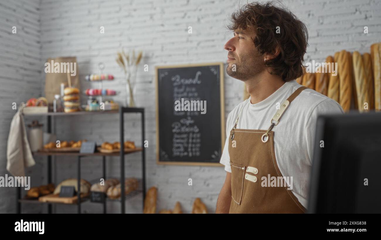 Young man in a bakery shop wearing an apron looking away with shelves ...