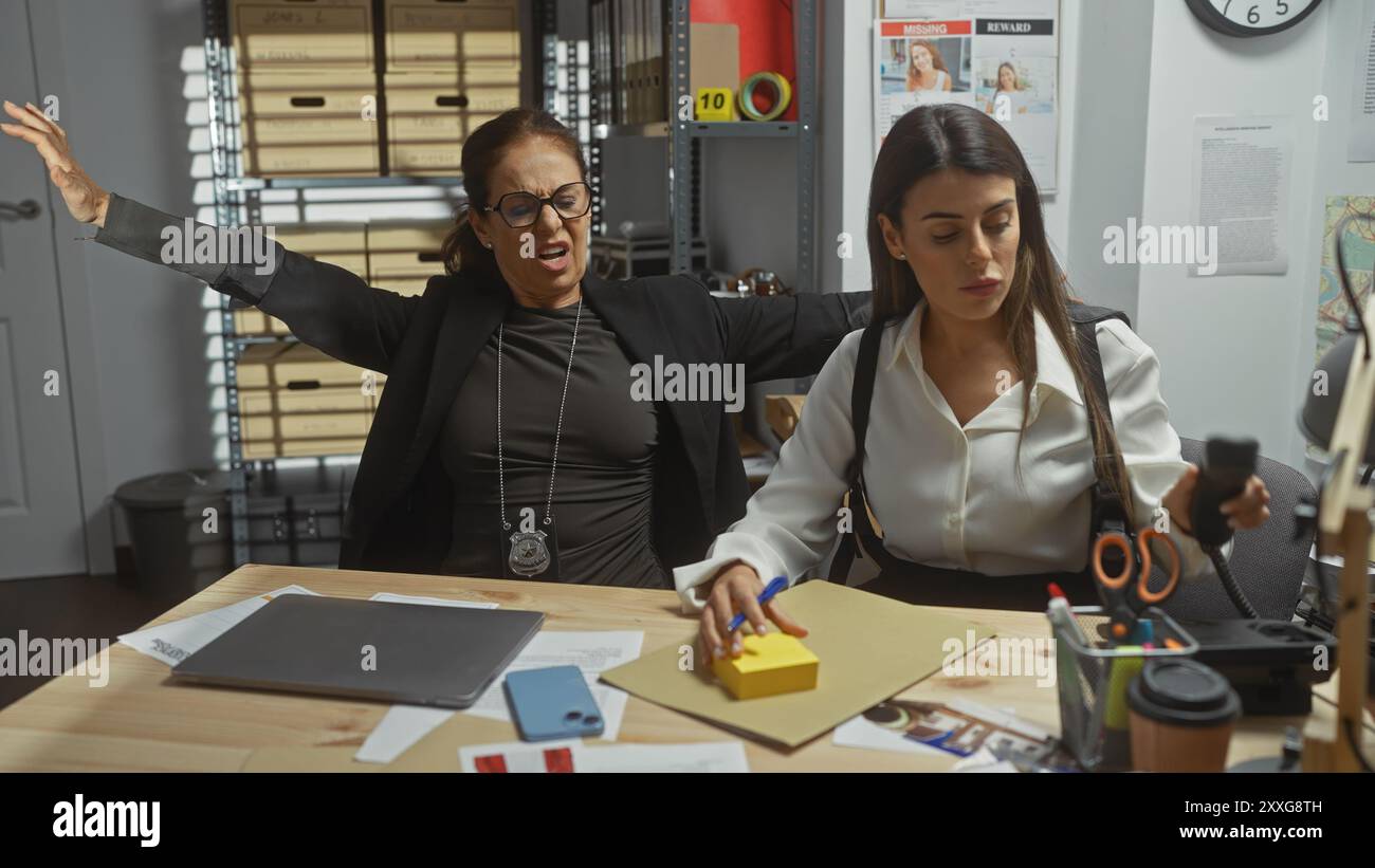 Two women detectives in an office with a badge, evidence, frustration ...