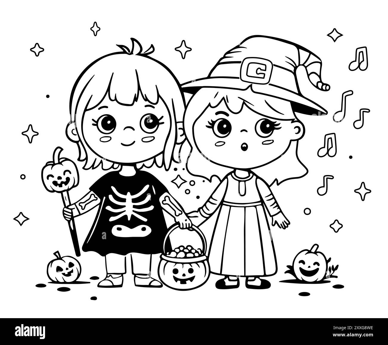 Black and white illustration of the kids in halloween costumes. Funny ...