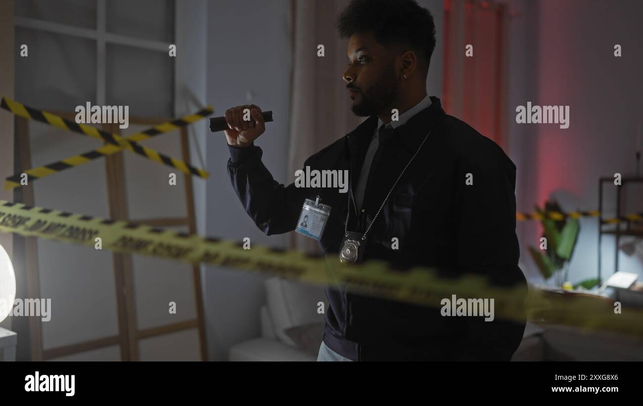 African american detective man with badge investigates a crime scene ...