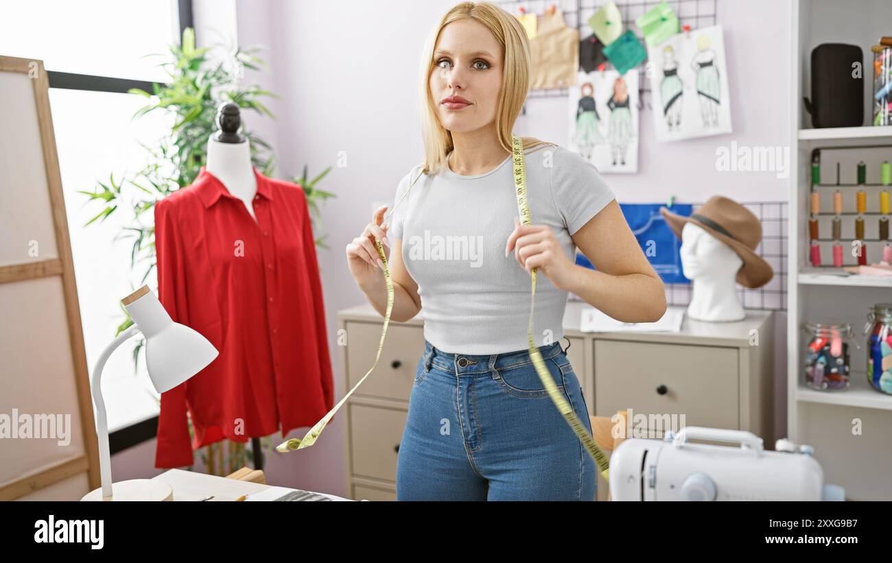 Woman in jeans stands tailor hi-res stock photography and images - Alamy