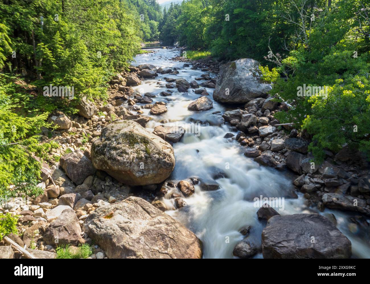 The tranquil Ausable River flows with a silky smooth surface ...