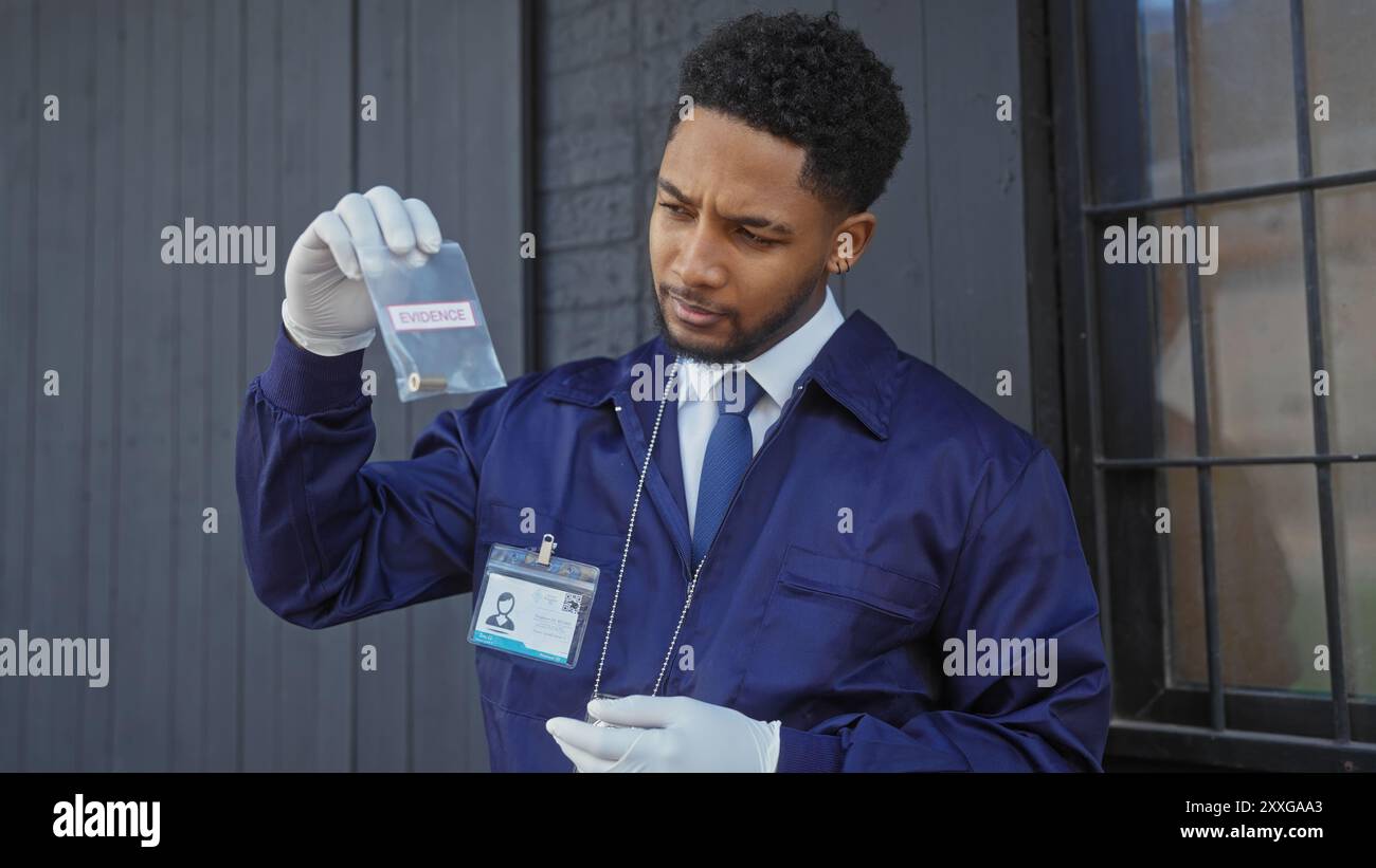 African american detective examining evidence outdoors with skeptical ...