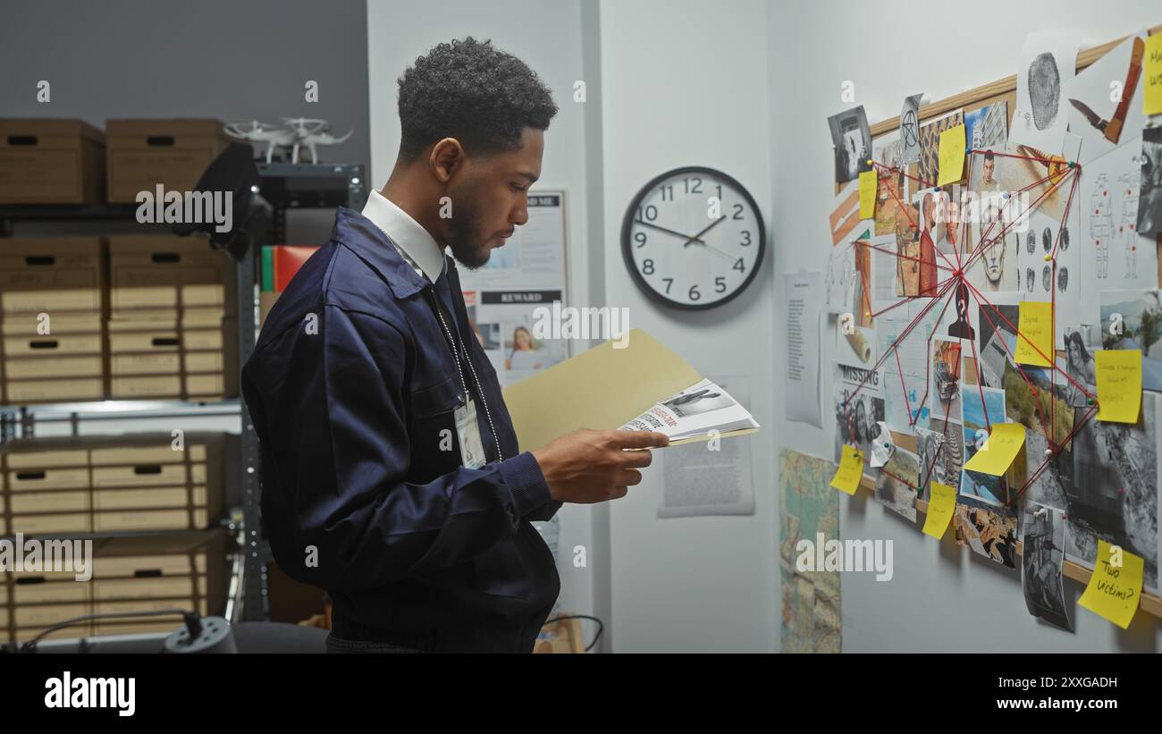 African american detective in a police station scrutinizing evidence on ...