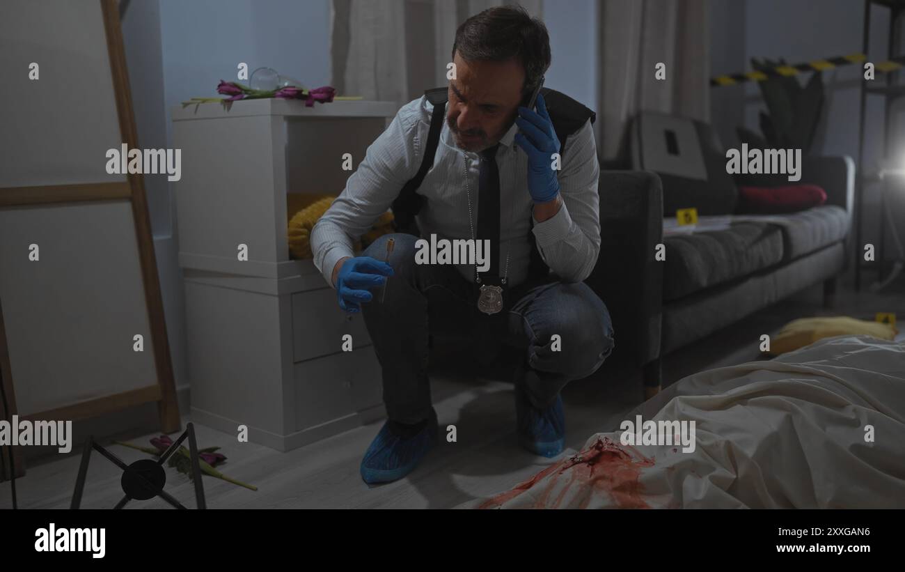 A mature detective man examines evidence at a nighttime indoor crime ...