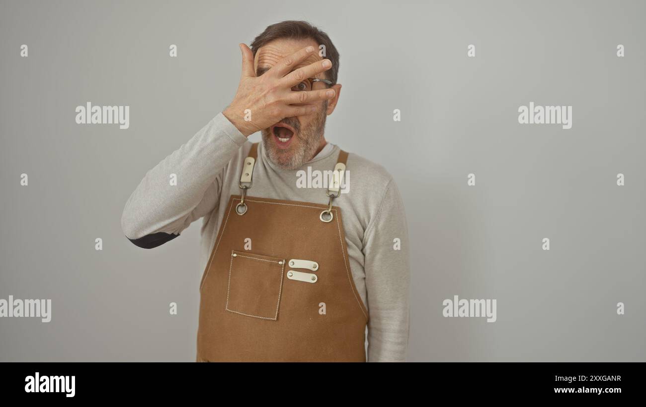 Middle-aged man in apron covering face with hand against white wall ...