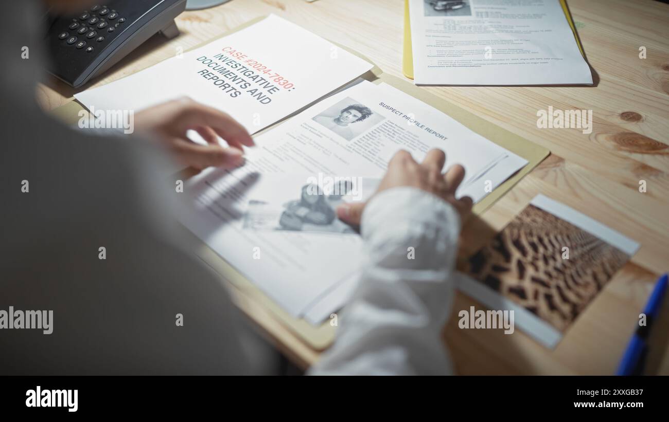 A young asian man examines investigative documents and photos in a ...