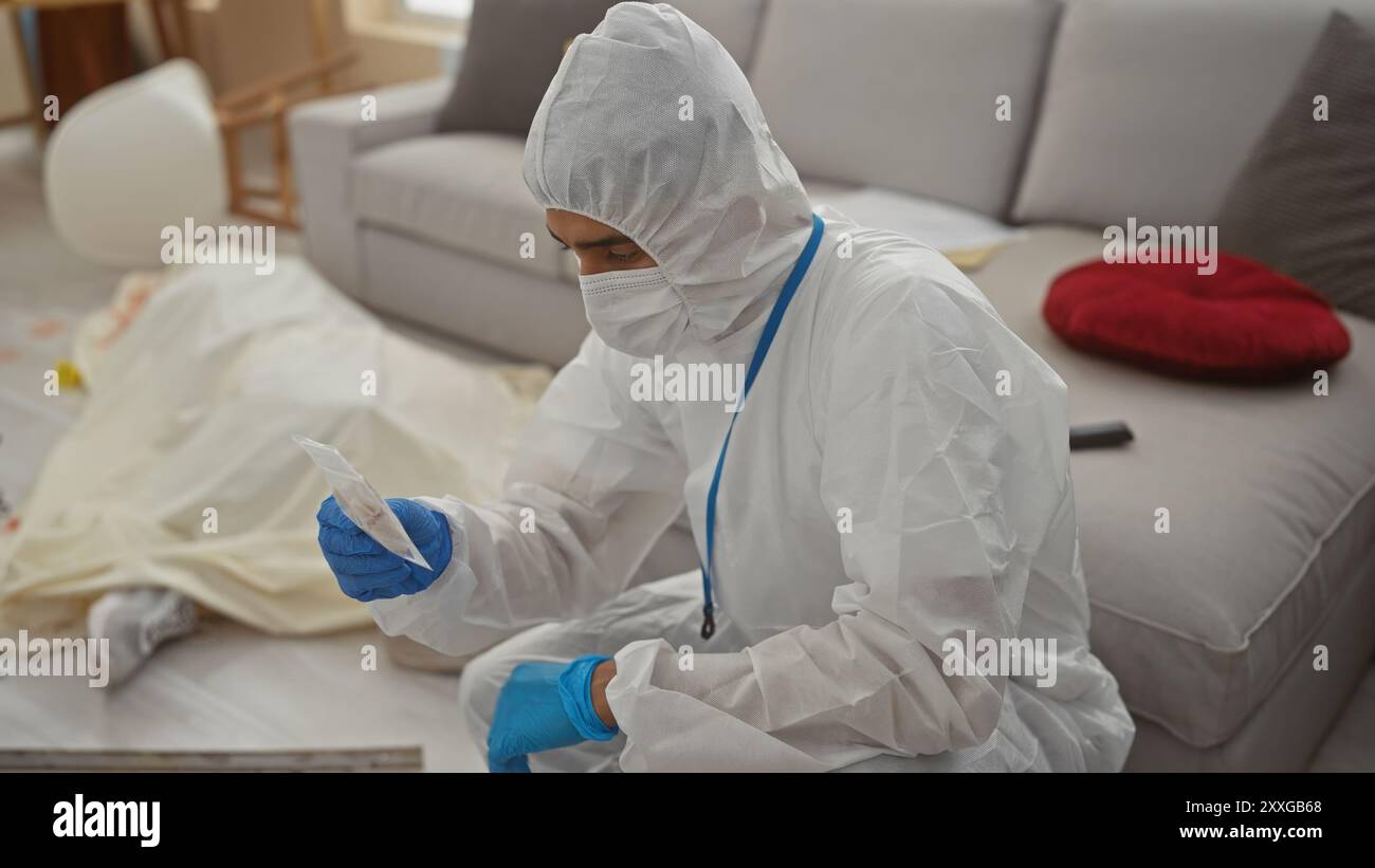A man in forensic attire examines evidence at a crime scene in a living ...