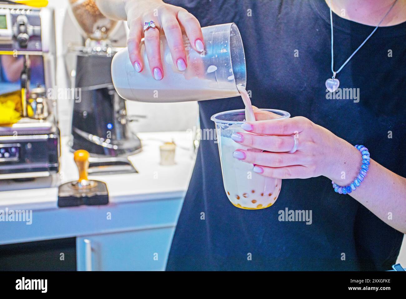 make a trendy drink Bubble Tea for children. Children's party Stock ...