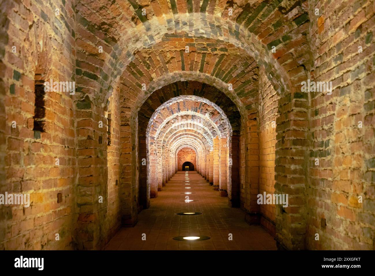 Old underground tunnel with brickwork. Stone tunnel with perspective ...