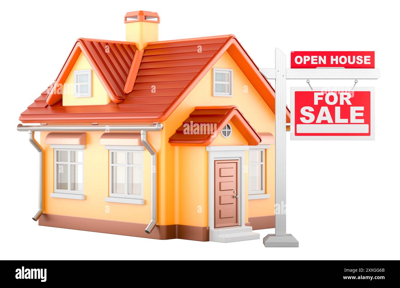 Home with Real estate sign Open House For Sale, 3D rendering isolated ...