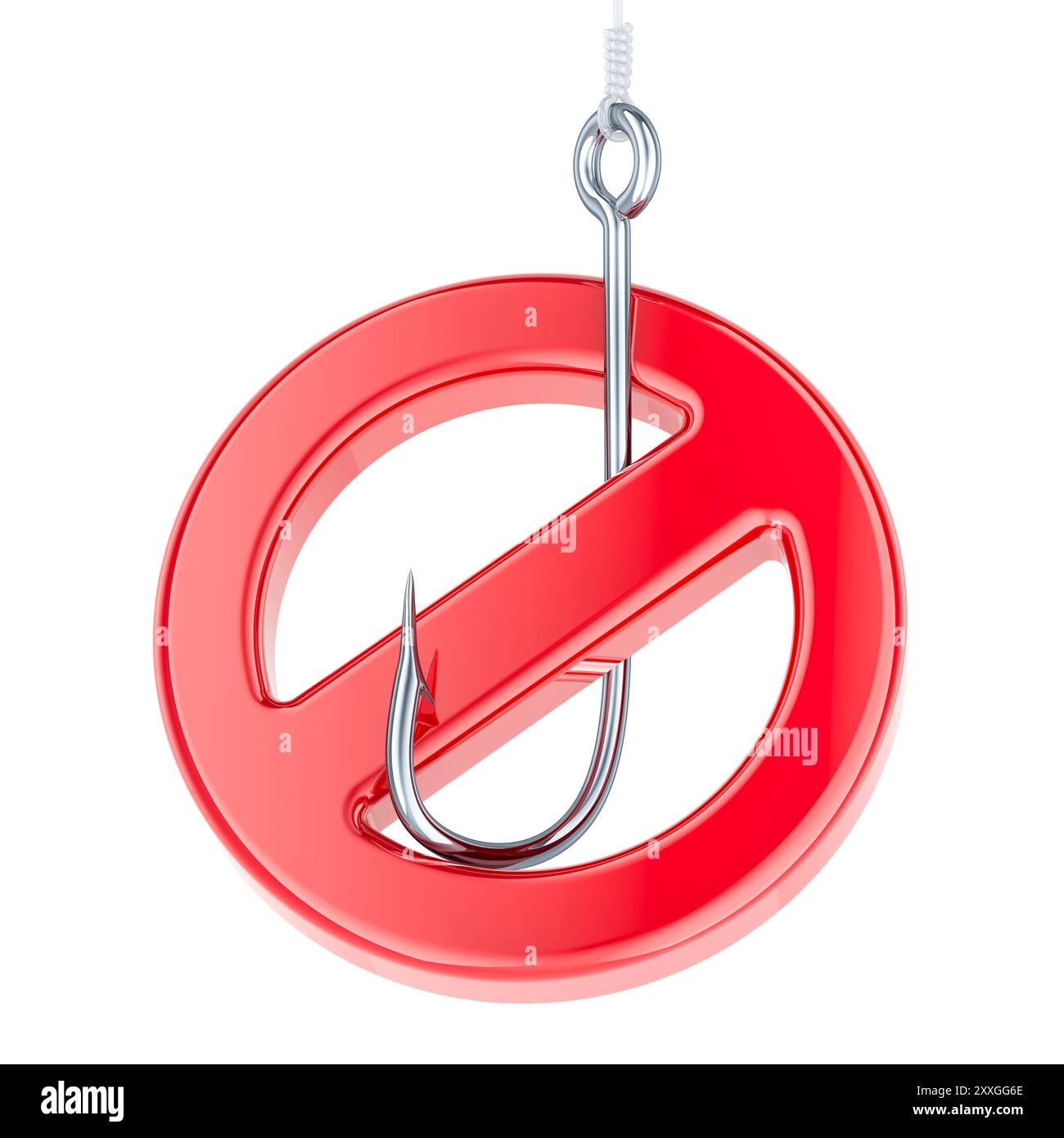 Fishing hook with prohibition sign. No Fishing sign, 3D rendering ...