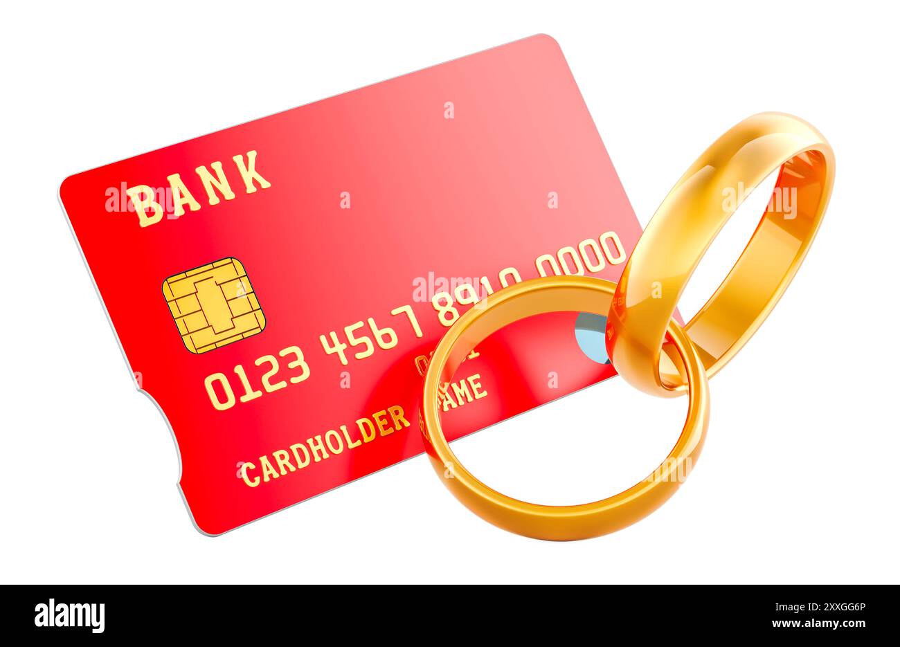 Wedding rings with credit card, 3D rendering isolated on white ...