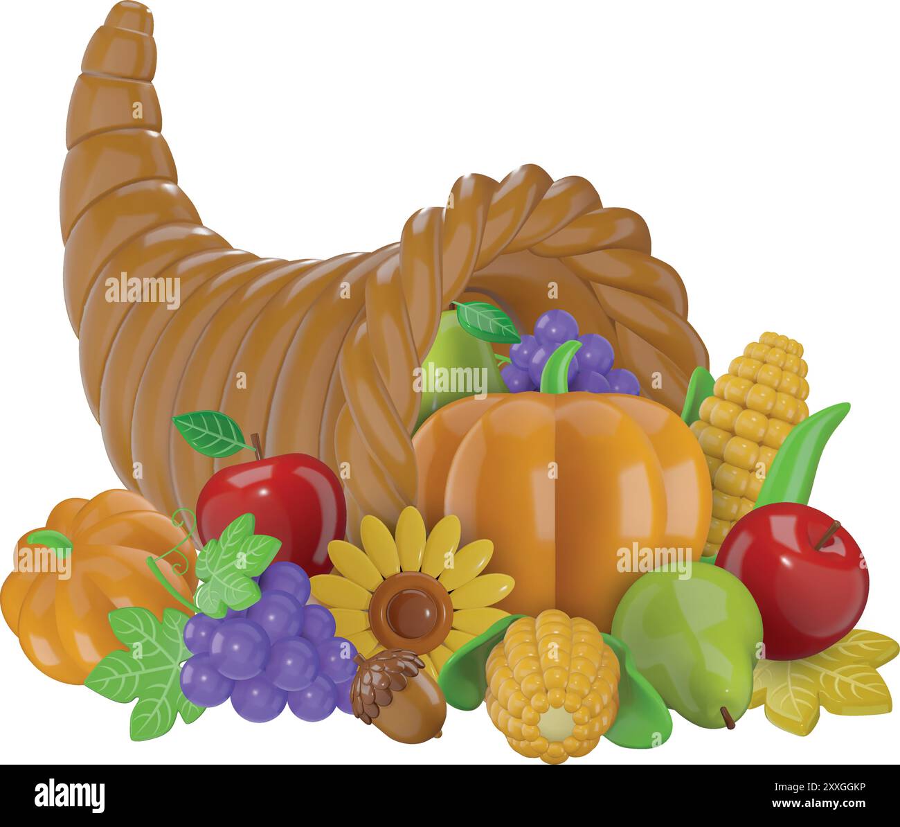 isolated cornucopia with fruits. 3d stylized cornucopia with fruits and ...