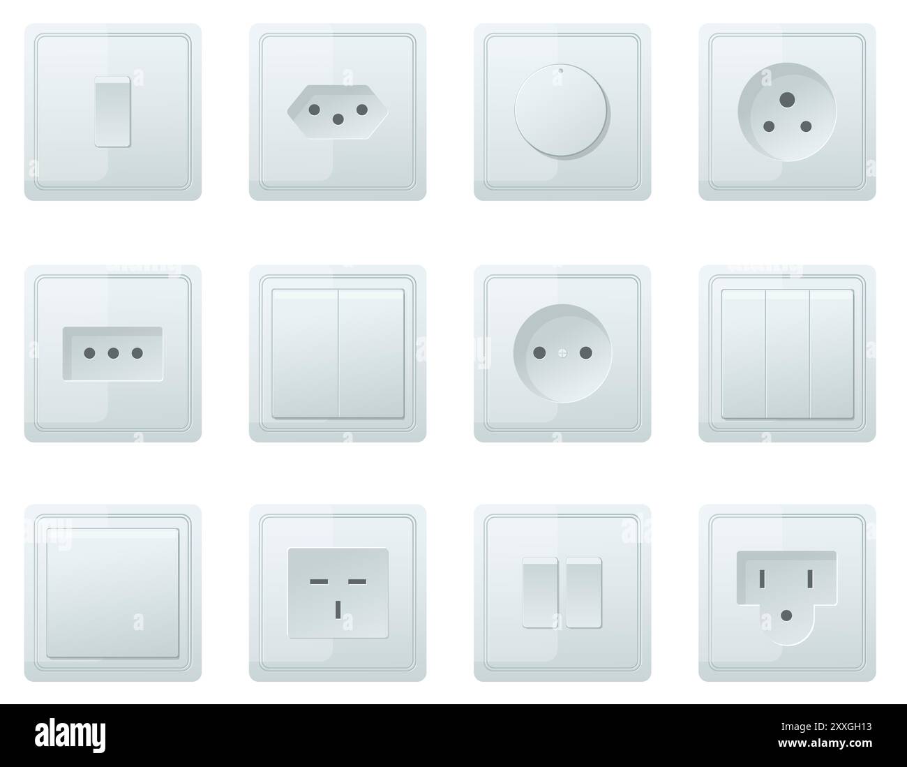 Socket and switch. Various type electrical connectors. Modern standard ...