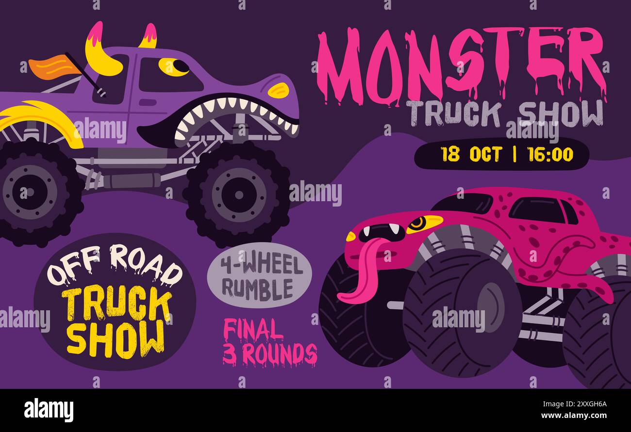 Monster trucks poster. Smash up race. Extreme show invitation ...