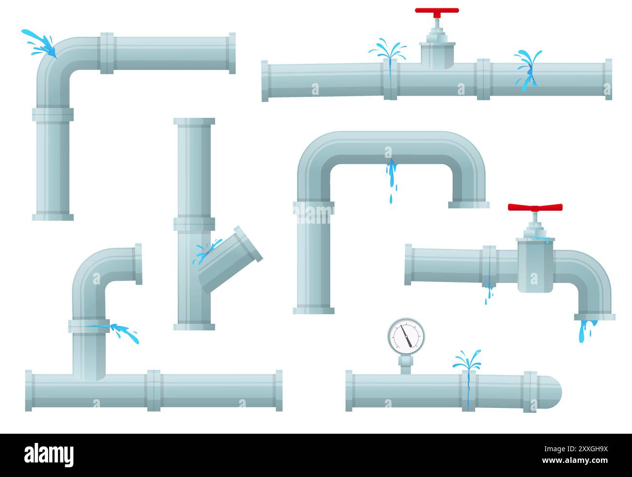 Leaking pipes. Plastic broken pipeline. Water splashes under pressure ...