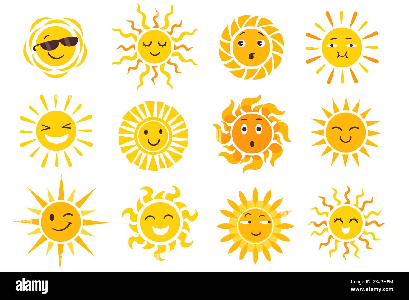 Cute sun characters. Cartoon sunny faces. Summer smiles. Funny emoji ...