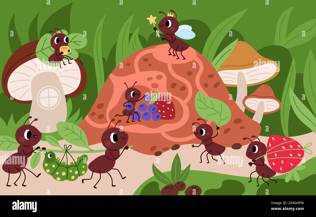Cute ants life. Cartoon insects do different things. Animals carry ...