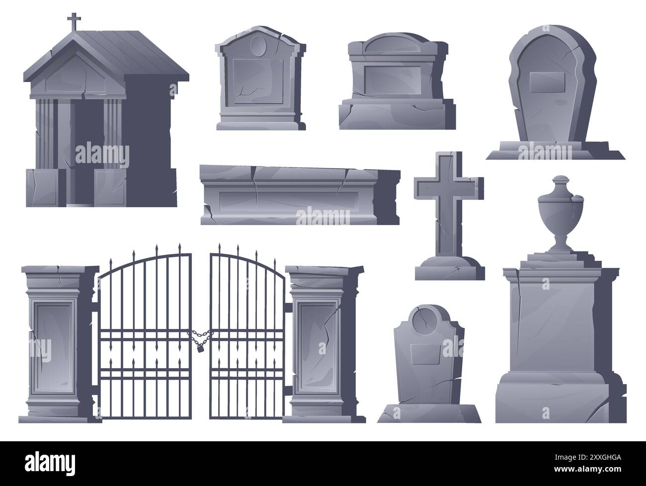 Cemetery elements. Old medieval graveyard items. Stone tombstones. Granite monuments with ...