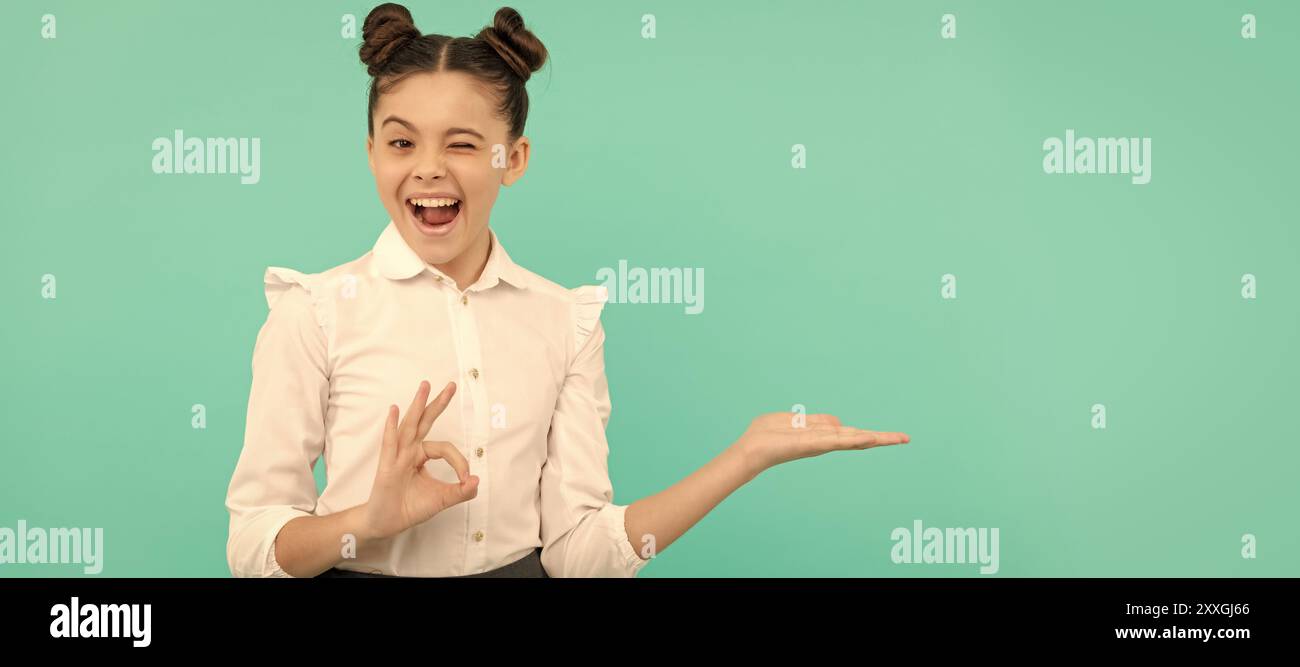 Our aim is your satisfaction. Schoolchild give ring gesture showing ...