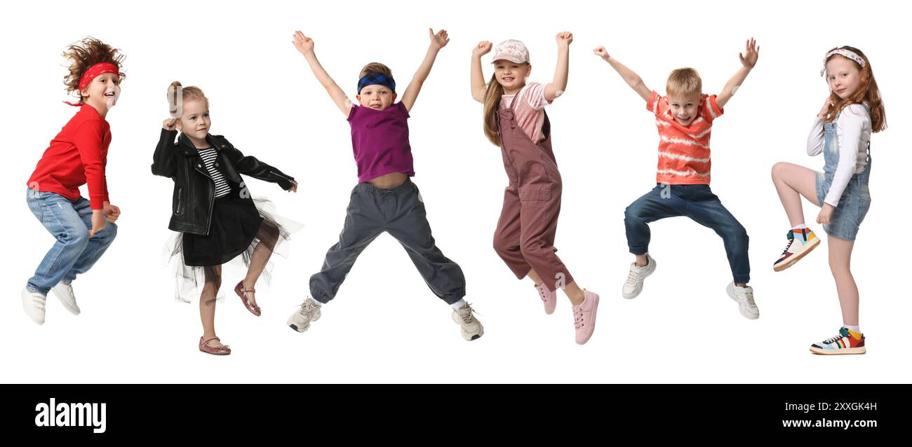 Children dancing on white background, collection of portraits Stock ...