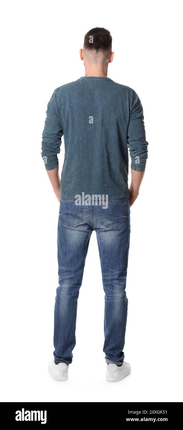 Man standing in queue on white background, back view Stock Photo - Alamy