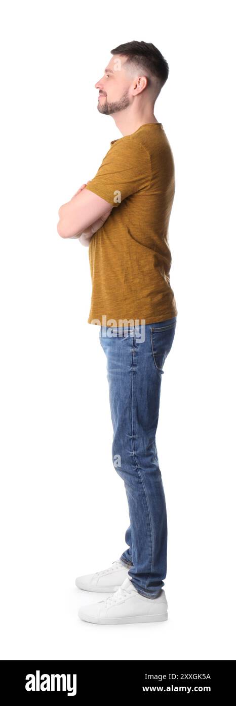 Man standing in queue on white background Stock Photo - Alamy