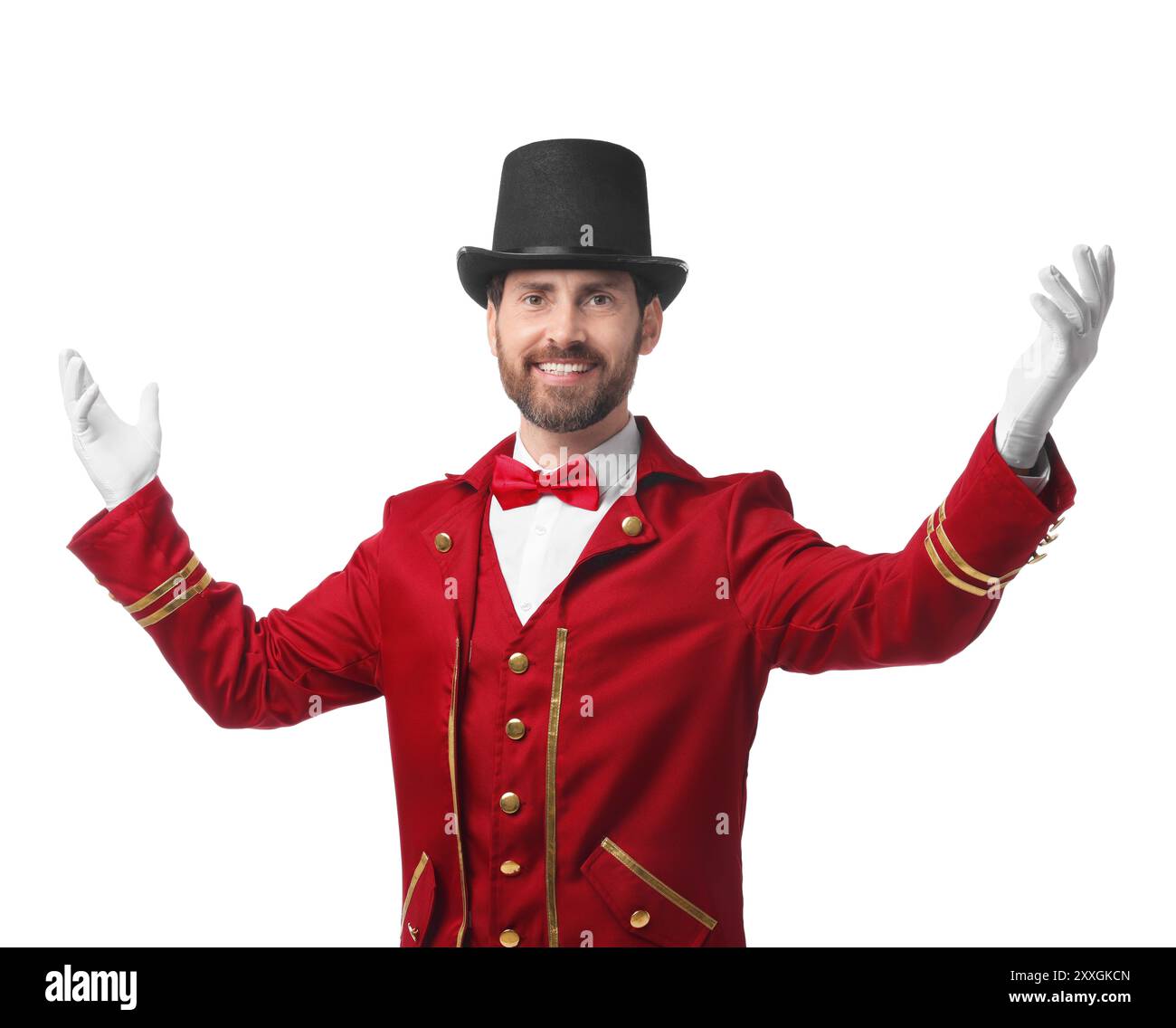 Portrait of showman in red costume and hat on white background Stock ...