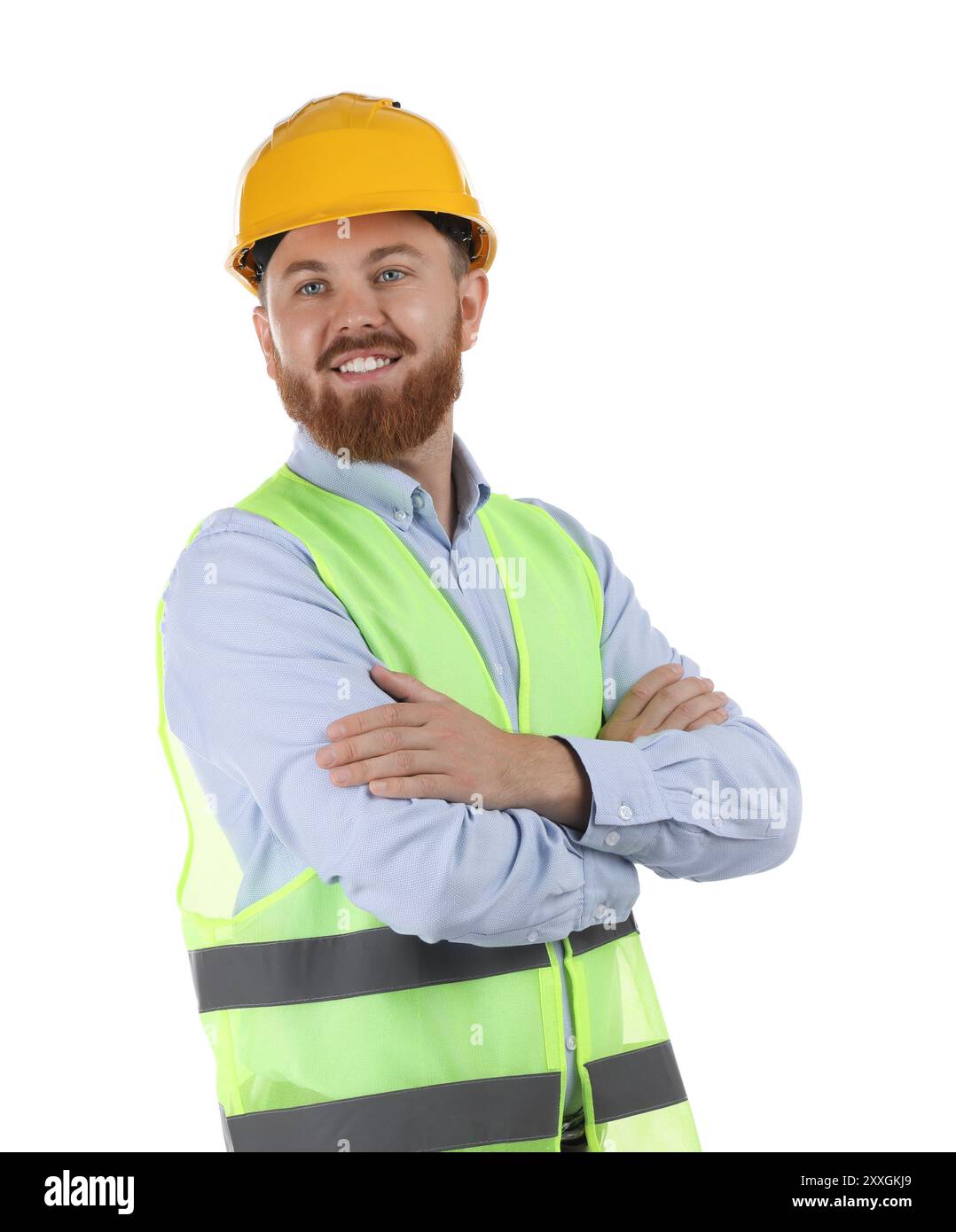 Engineer in hard hat on white background Stock Photo - Alamy