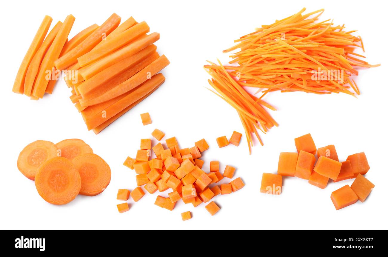 Fresh carrots isolated on white, collage. Different types of cuts Stock ...