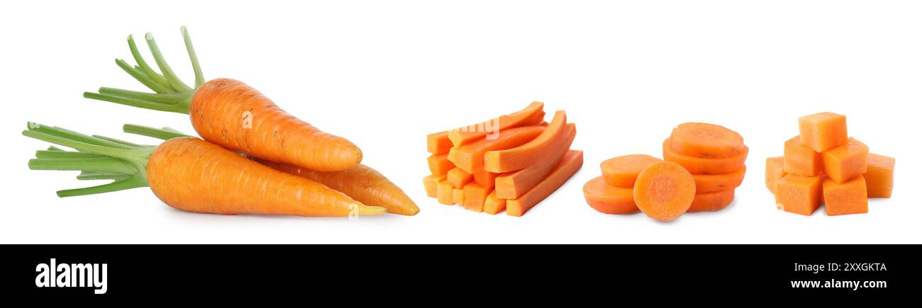 Fresh carrots isolated on white, collage. Different types of cuts Stock ...